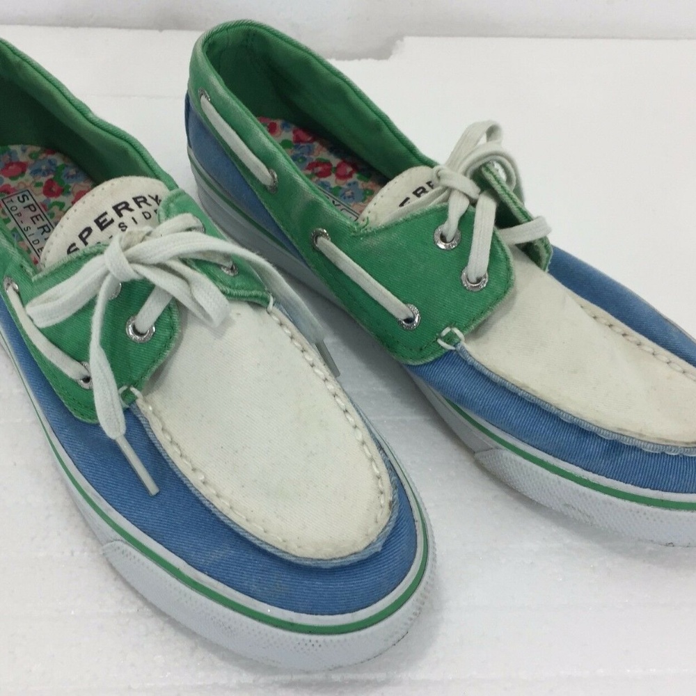Sperry Womens 7.5m Blue Green Canvas Boat Shoes - Gem